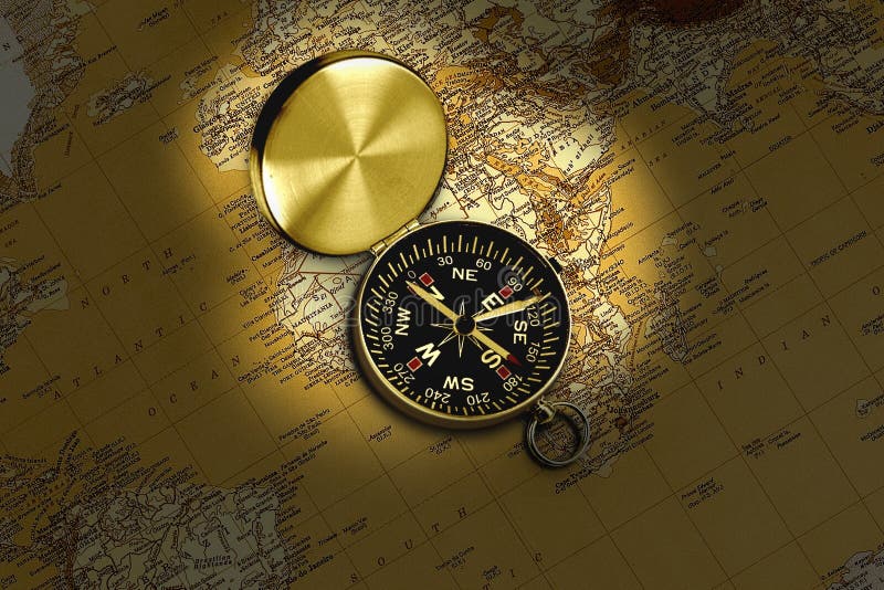 Aged Brass Antique Nautical Compass and Old Map Stock Photo - Image of ...