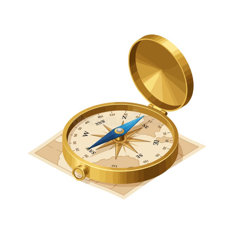Golden Compass with Blue Needle and Map Background Travel Navigation ...