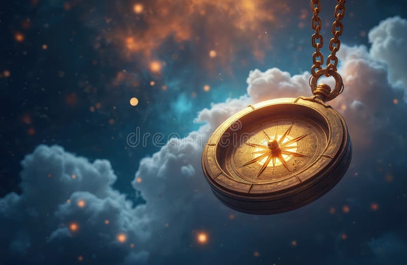 Golden Compass Floating in Cosmic Space with Stars and Clouds ...