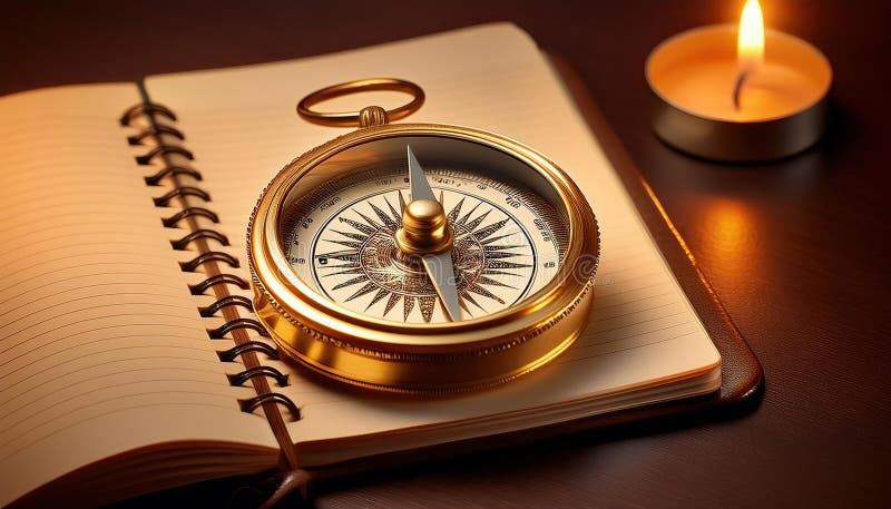 Golden Compass on Open Notebook with Candlelit Ambiance Symbolizes ...