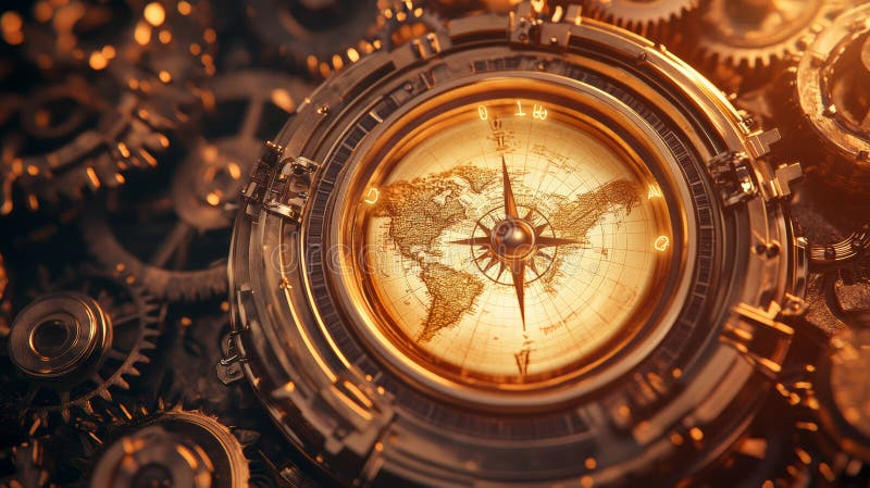 Golden Compass Showing World Map and Navigating among Gears Stock Image ... Golden Compass Showing World Map and Navigating among Gears Stock Image ...