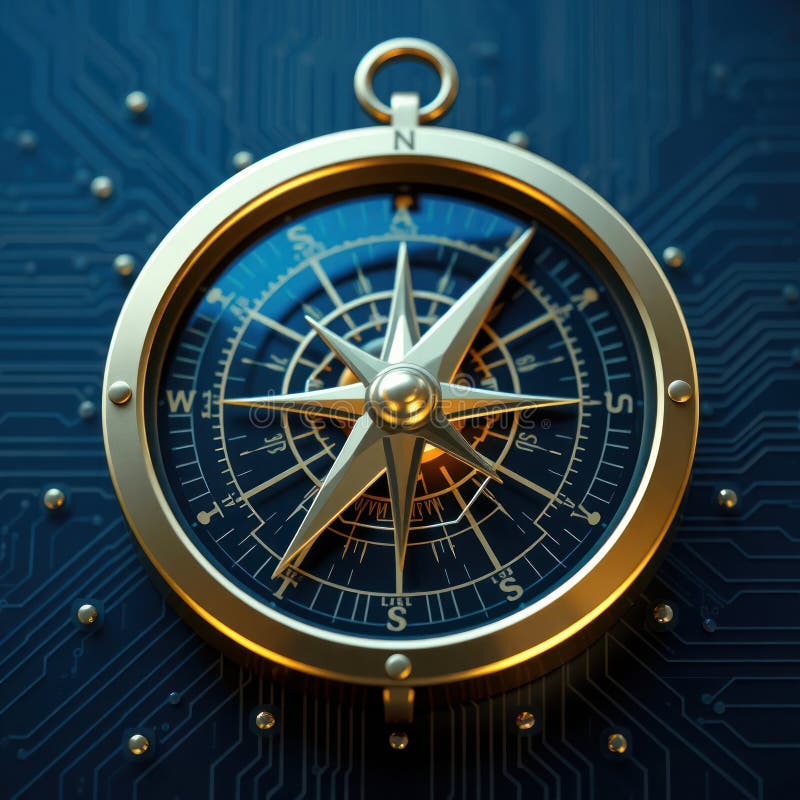 Golden Compass Shows Future Direction. Tech Device Indicates Route ...