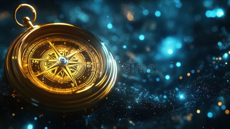 Golden Compass on Starry Background with Shimmering Blue Lights and ...