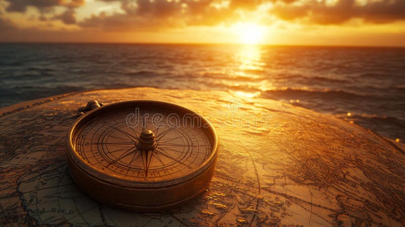 Golden Compass at Sunset Over Ocean Stock Illustration - Illustration ...