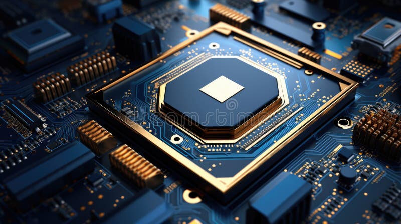 Golden Computer Microchip on Motherboard. Hardware and Engineering ...