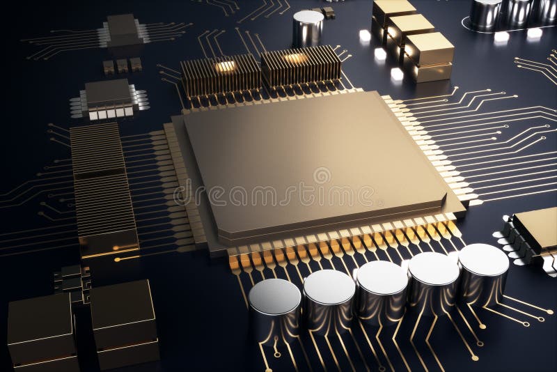 Golden Computer Microchip on Motherboard Stock Illustration ...