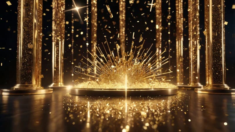 Golden Confetti Exploding Over Award Podium with Spotlights Shining ...