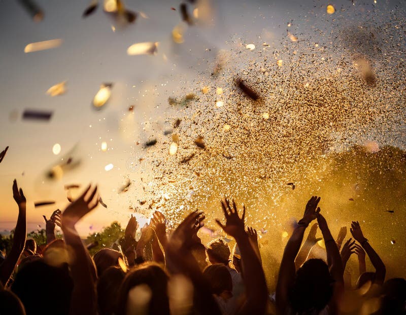 A Golden Confetti Explosion Captured Mid-air, with a Silhouetted Crowd ...