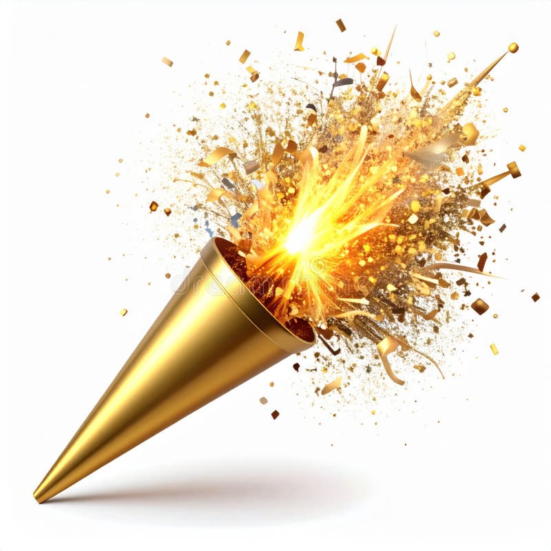 Golden Confetti Explosion from Horn Celebration Stock Illustration ...