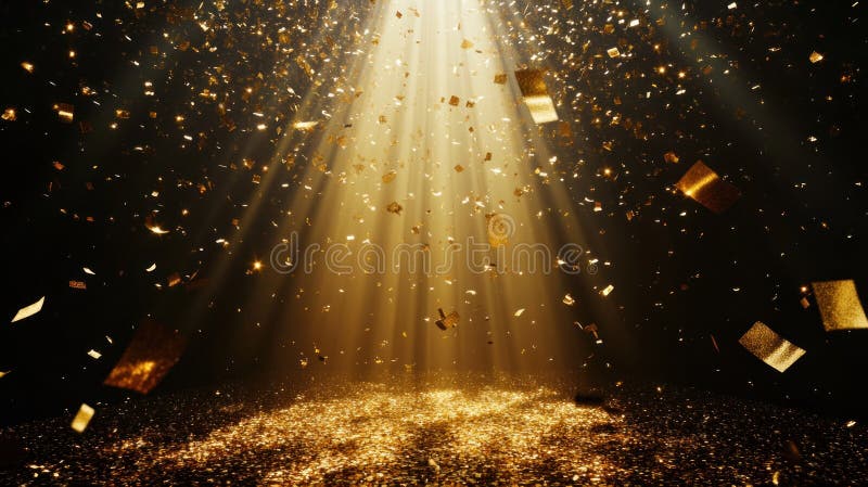 Golden Confetti Falling with Dramatic Lighting Stock Illustration ...
