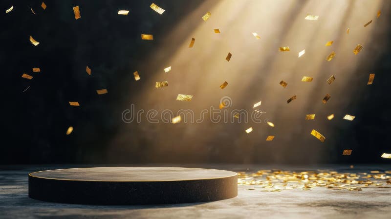 Golden Confetti Falling Over Empty Circular Stage with Dramatic ...