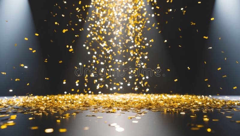 Golden Confetti Falling on Stage with Light Beam. Stock Image - Image ...