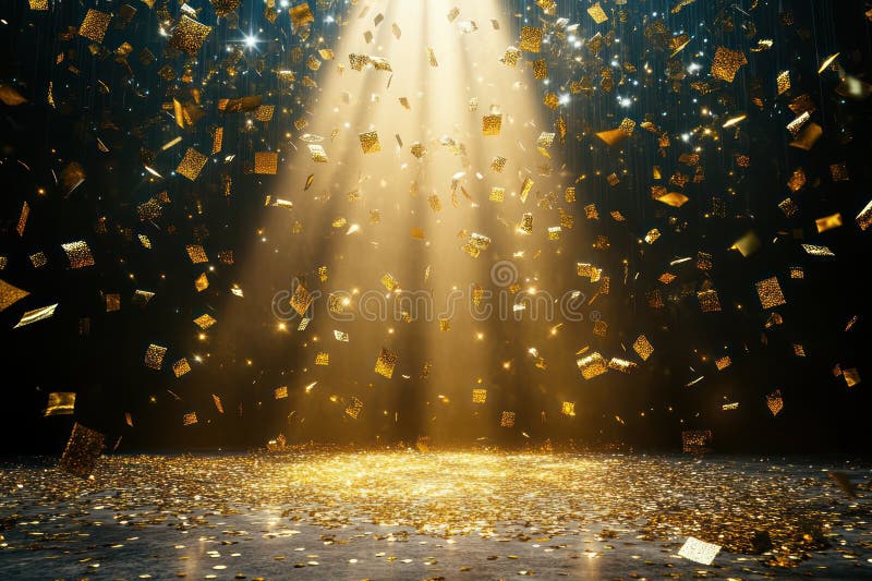 Golden Confetti Rain on Festive Stage with Spotlight Stock Image ...