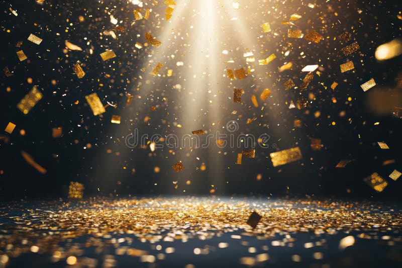 Golden Confetti Rain on Festive Stage with Spotlight Stock Photo ...