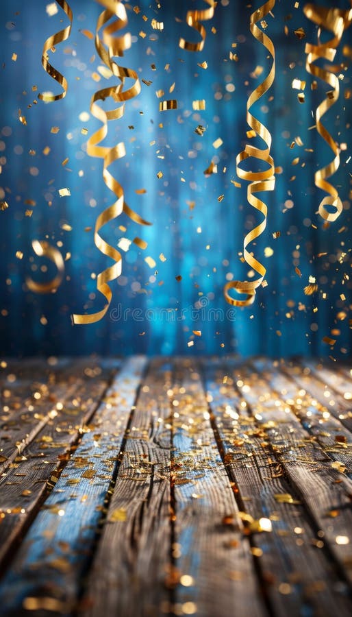 Golden Confetti Showering on Softly Blurred Blue Background for Festive ...