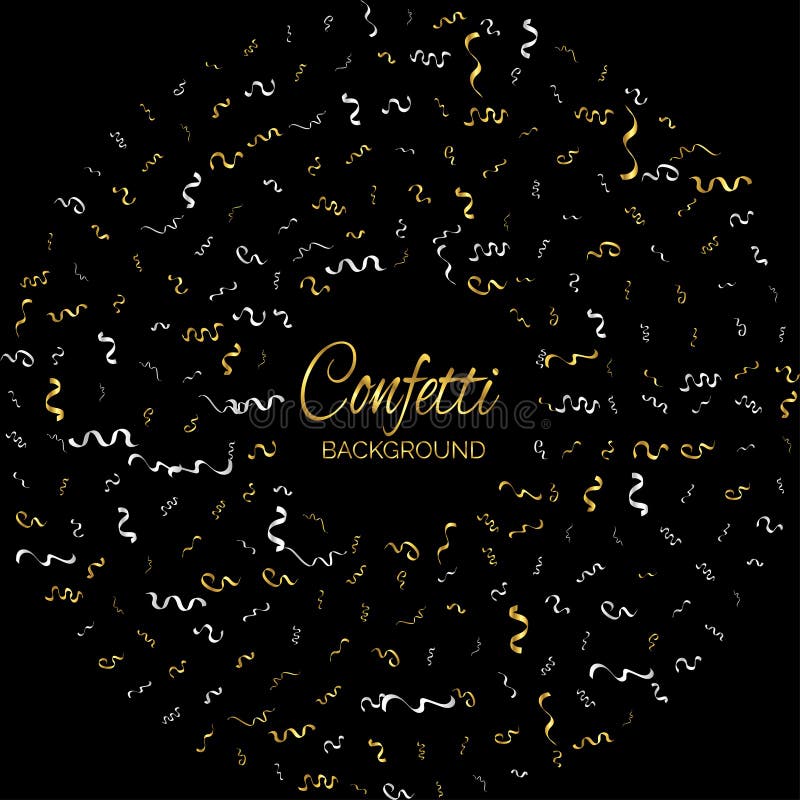 Golden Confetti and Streamer Ribbon Falling on Black Background. Vector ...