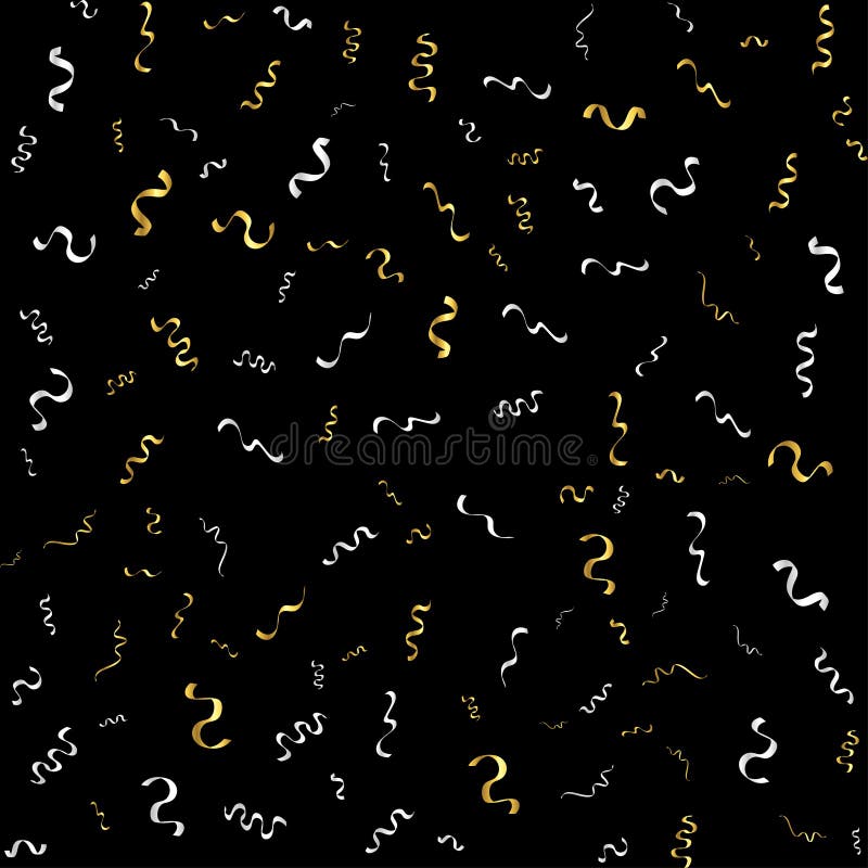 Golden Confetti and Streamer Ribbon Falling on Black Background. Vector ...
