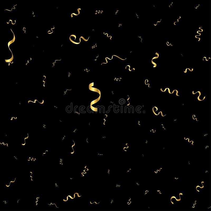 Golden Confetti and Streamer Ribbon Falling on Black Background. Vector ...
