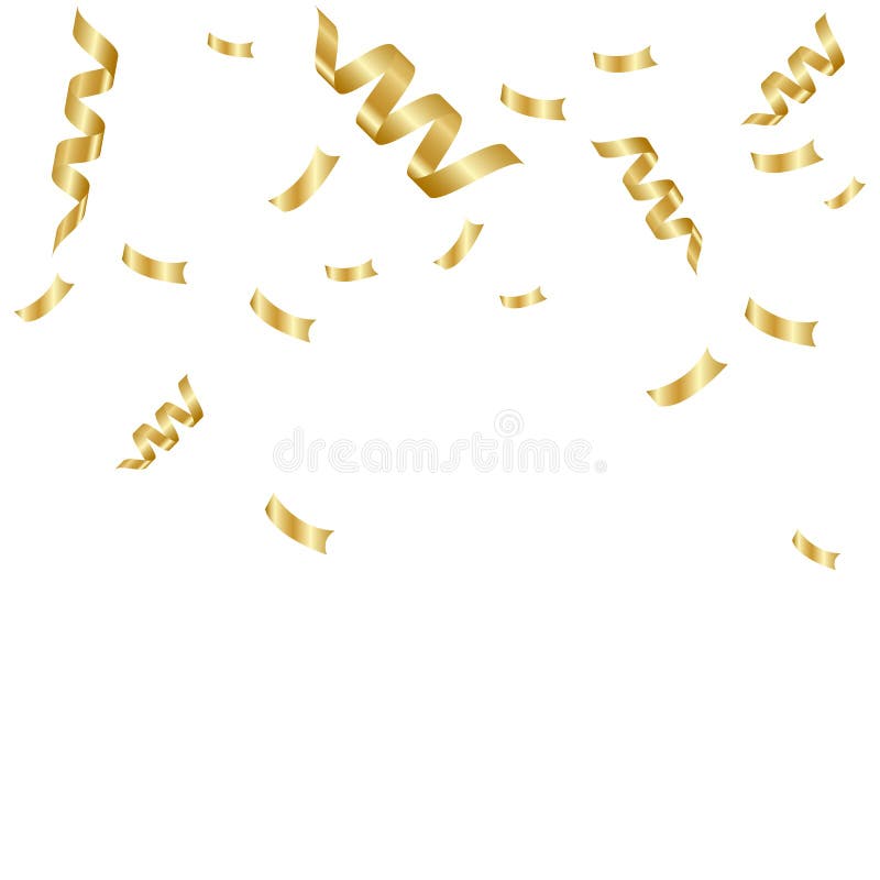 Golden Confetti and Streamer Ribbons Falling on White Background ...