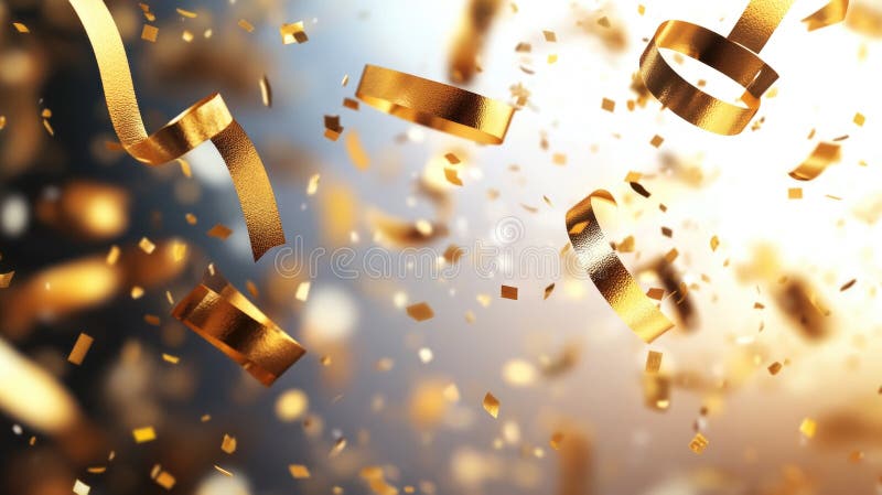 Golden Confetti Streamers Falling in Celebration with Warm Glow Stock ...