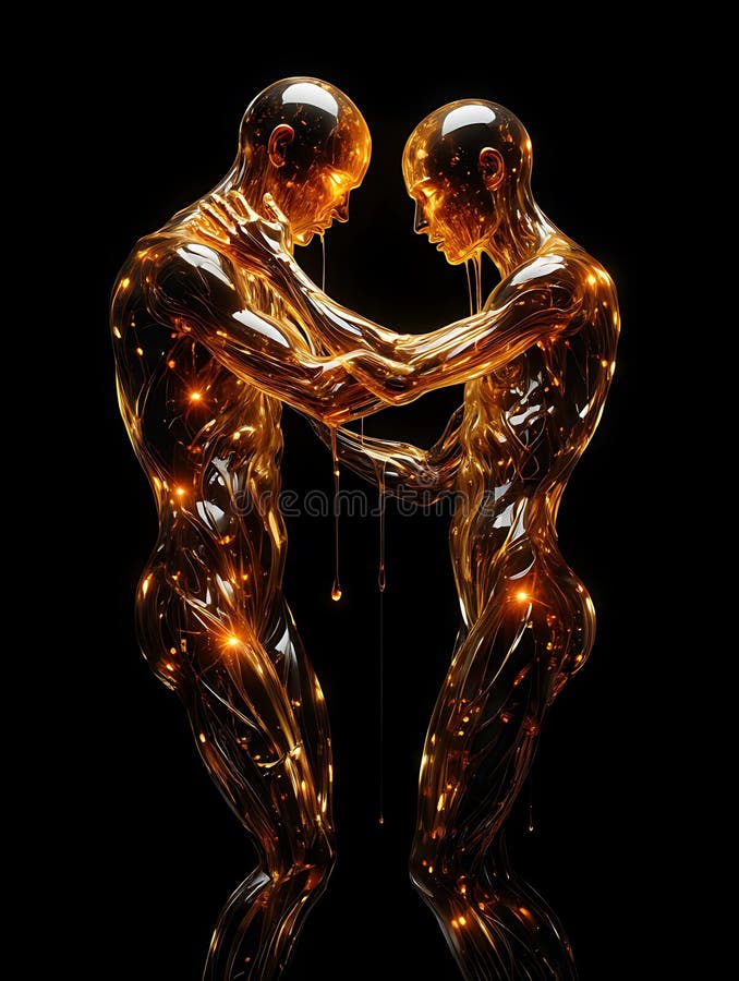 Golden Connection: Two Luminous Figures in a Flowing Embrace. Stock ...