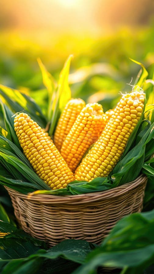 Golden Corn Ears in Basket at Sunrise in Verdant Field Stock Photo ...