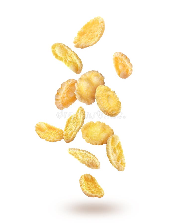 Golden Corn Flakes Falling on White Background Stock Photo - Image of ...