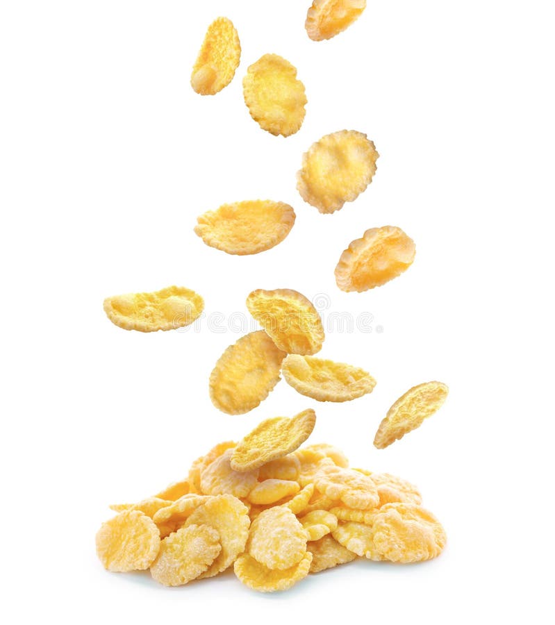 Golden Corn Flakes Falling on White Background Stock Image - Image of ...