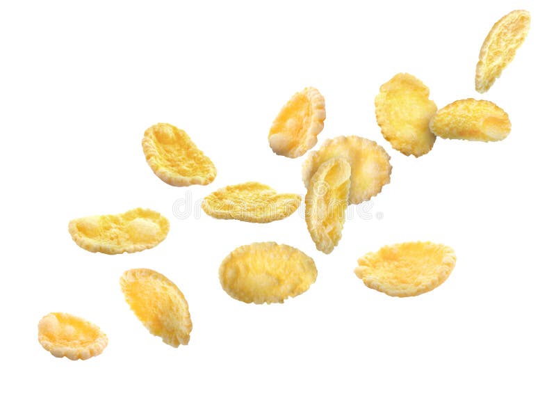 Golden Corn Flakes Falling on White Background Stock Photo - Image of ...