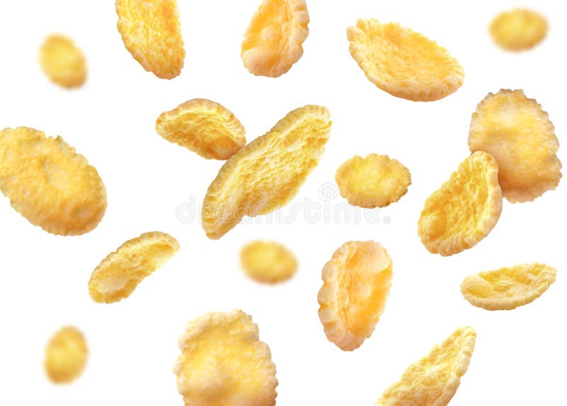 Golden Corn Flakes Falling on White Background Stock Photo - Image of ...