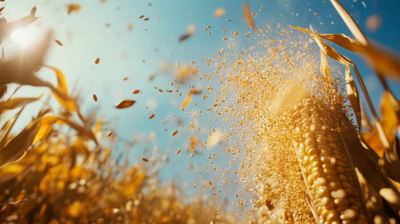 Golden Corn Harvest: Ripe Corn Cob with Seeds Exploding in Sunlight ...