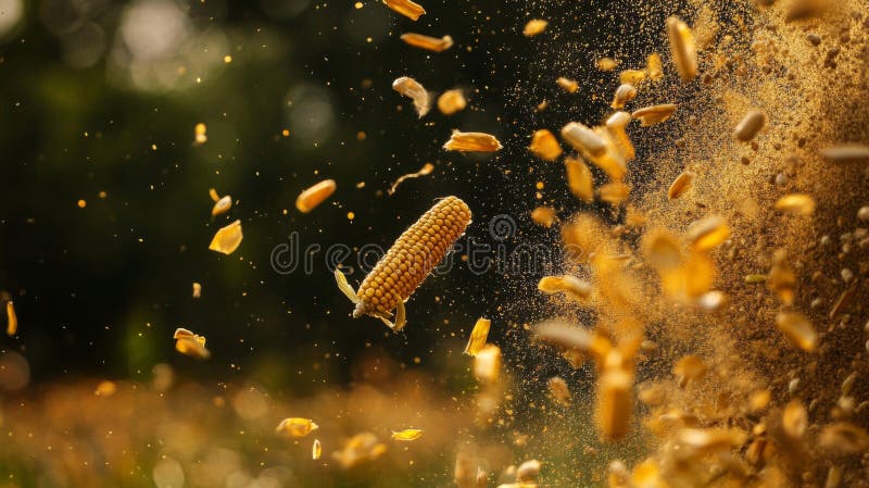 Golden Corn Kernels Exploding in Air Against Dark Green Background ...