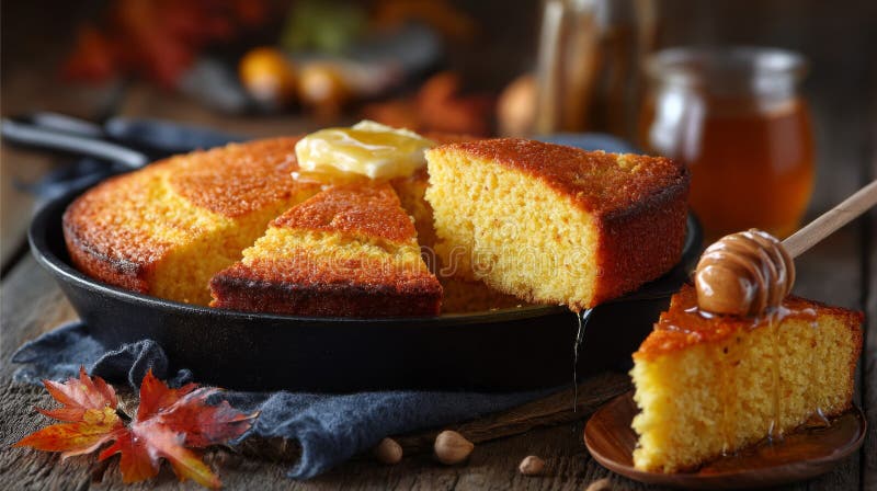 Golden Cornbread with Honey and Butter in Rustic Setting Stock ...