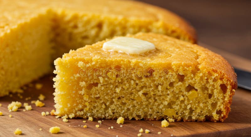 Golden Cornbread Slice with Butter on Wooden Board Stock Illustration ...