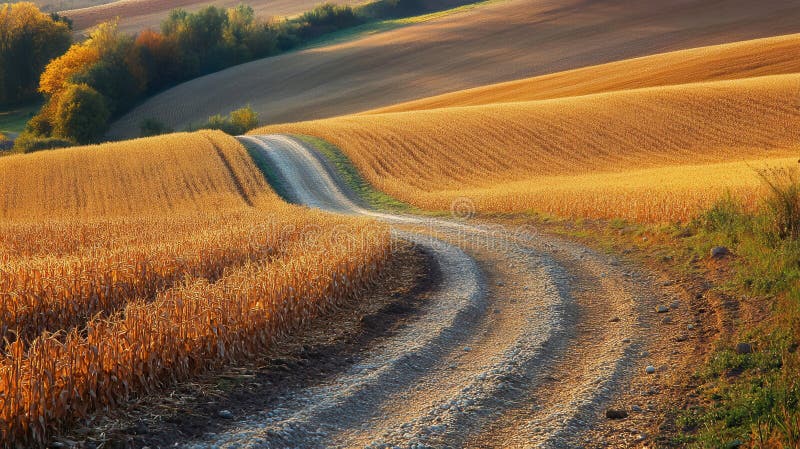 Golden Cornfields and Freshly Plowed Land Lining a Rural Path Perfect ...