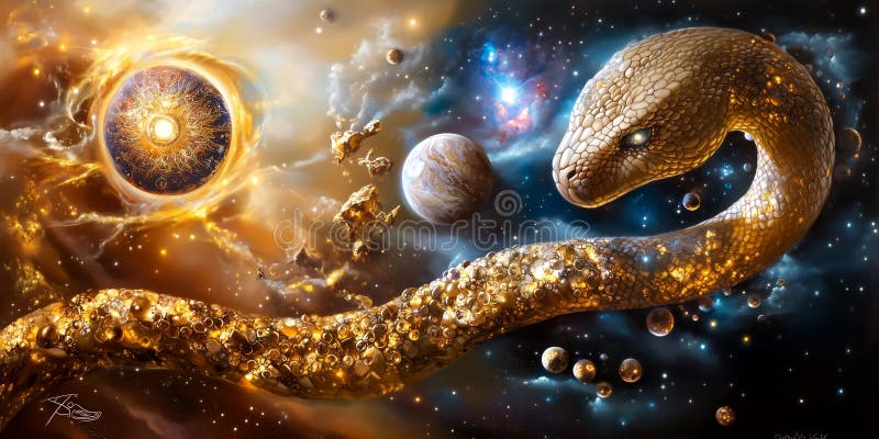 Golden Cosmic Serpent Emerging from Celestial Eye in a Dreamlike ...