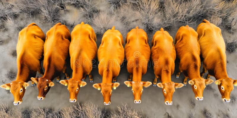 Golden Cows Lined Up in Aerial View. Textured Ground, Creating a ...