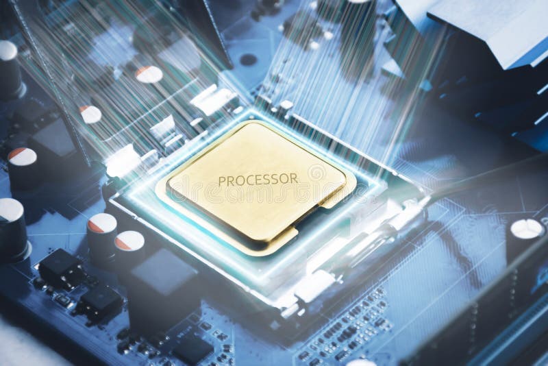 Golden CPU Chip in a Slot on a Computer Motherboard Stock Image - Image ...