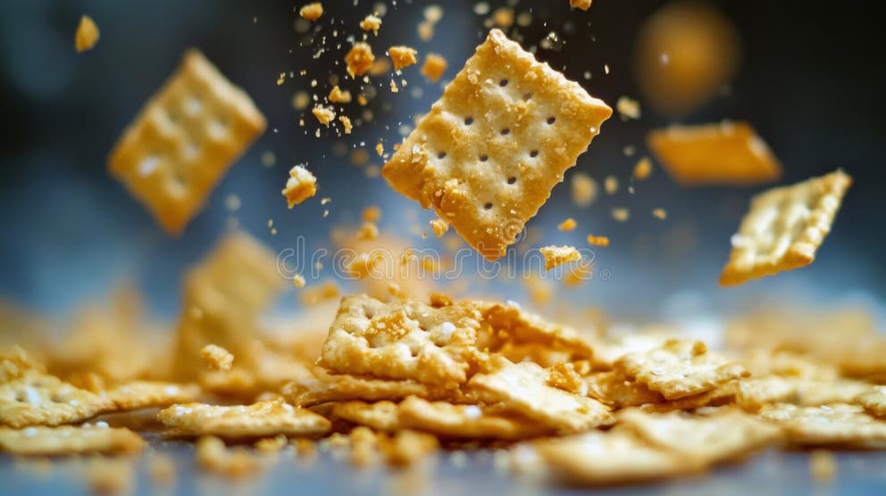 Golden Crackers Falling and Crumbling on Dark Background Stock ...