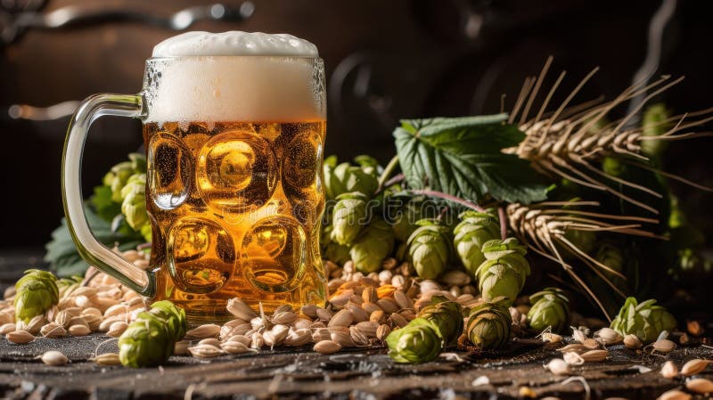 Golden Craft Beer in Mug with Hops and Barley on Rustic Table Stock ...
