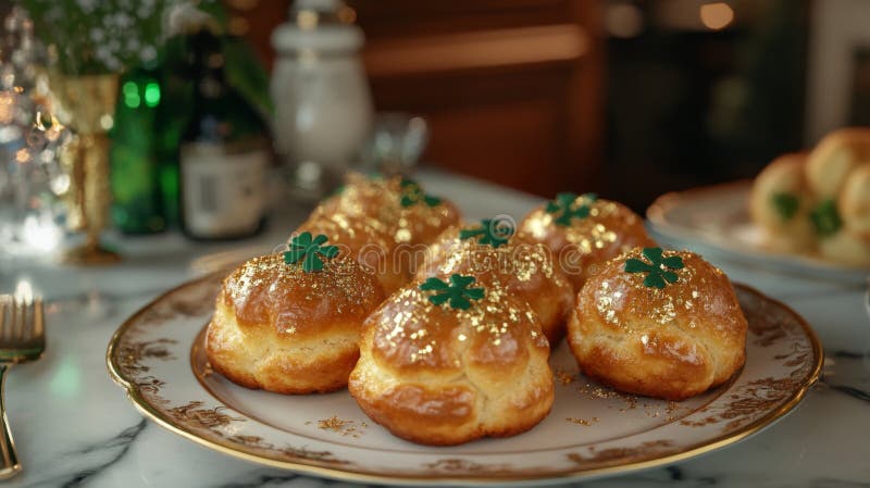 Golden Cream Puffs with Clover Decor on Elegant Plate Stock ...