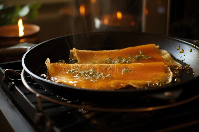 Golden Crepes Cooking on a Non-stick Pan Stock Illustration ...