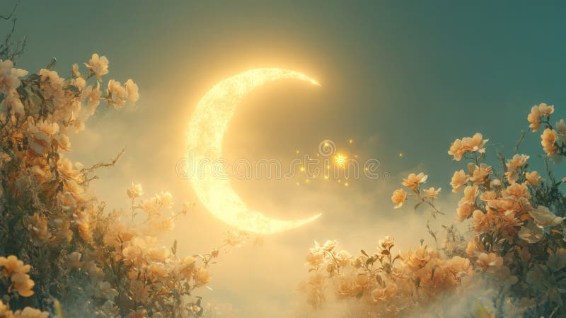 Golden Crescent Moon Above Blooming Rose Bushes Stock Illustration ...