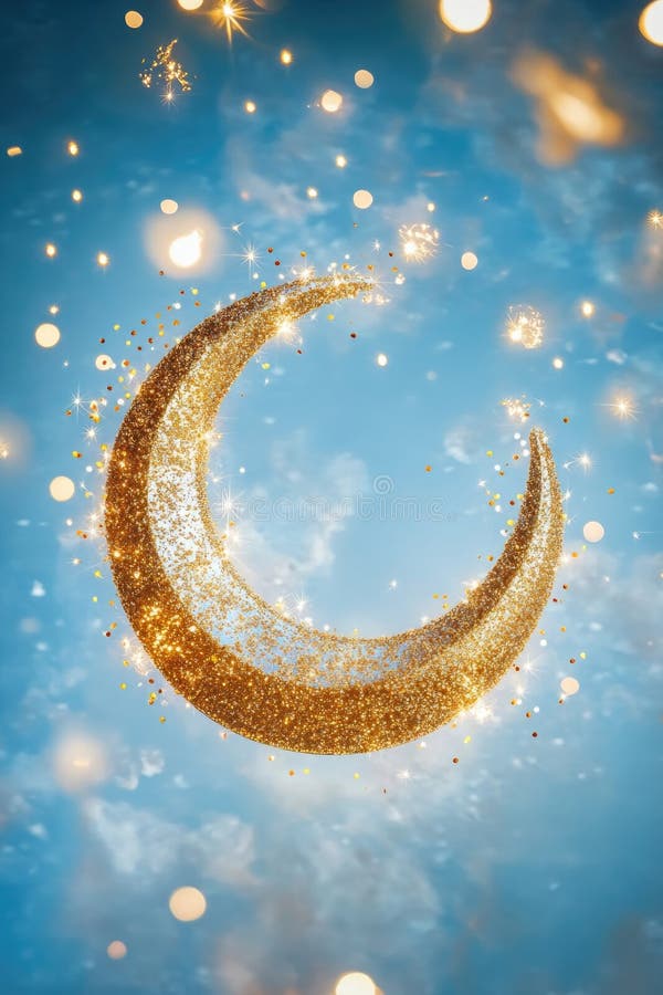 Golden Crescent Moon on Blue Background Stock Image - Image of astral ...