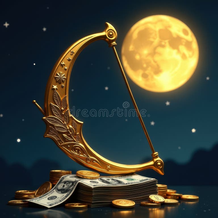 Golden Crescent Moon Bow and Stack of Money Under Full Moon Stock ...