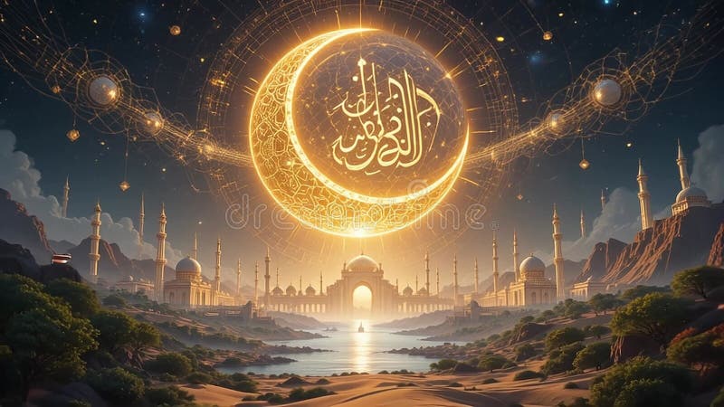Golden Crescent Moon Celestial Arabian Nightscape Stock Footage - Video ...