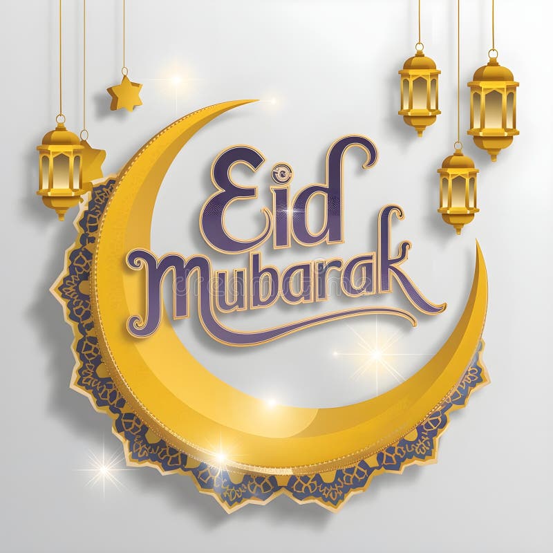 Eid Mubarak Greetings: Islamic Celebration with Golden Crescent, Stars and Colorful Lights Stock ...