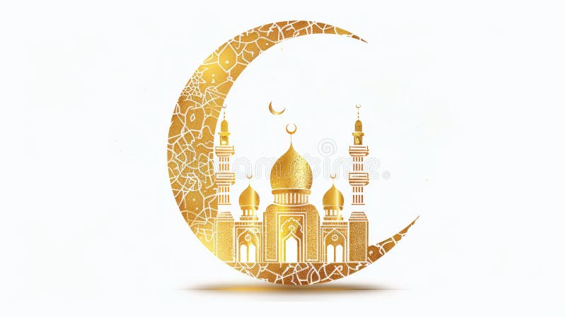 Golden Crescent Moon Cradling a Mosque Silhouette with Intricate ...