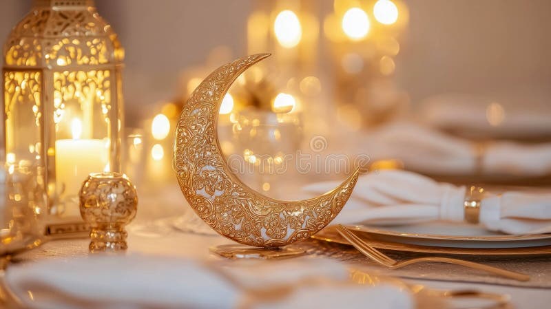 Golden Crescent Moon Decorating Festive Table for Ramadan Celebration ...