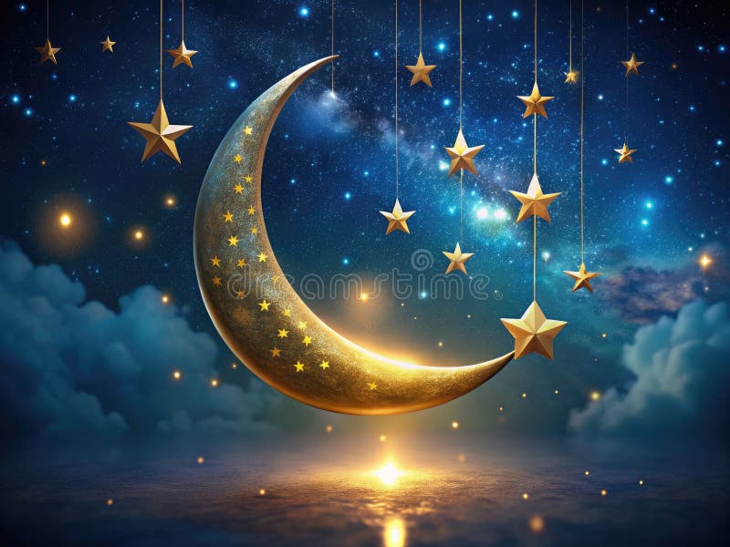A Golden Crescent Moon Draped in Cosmic Starlight a Breathtaking 3D ...